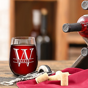 Cuptify Initial Monogram with Name Etched on 17 oz Stemless Wine Glass Engraved Personalized Gifts for Men and Women