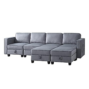 EMKK 116''Sectional Couch 6 Seats, Modular U Shaped Sofa with Ottomans, Large Chaise Reversible Sofá for Living Room,Velvet Reversible Sleeper Chaise Bed Storage Seat,w/Side Pocket