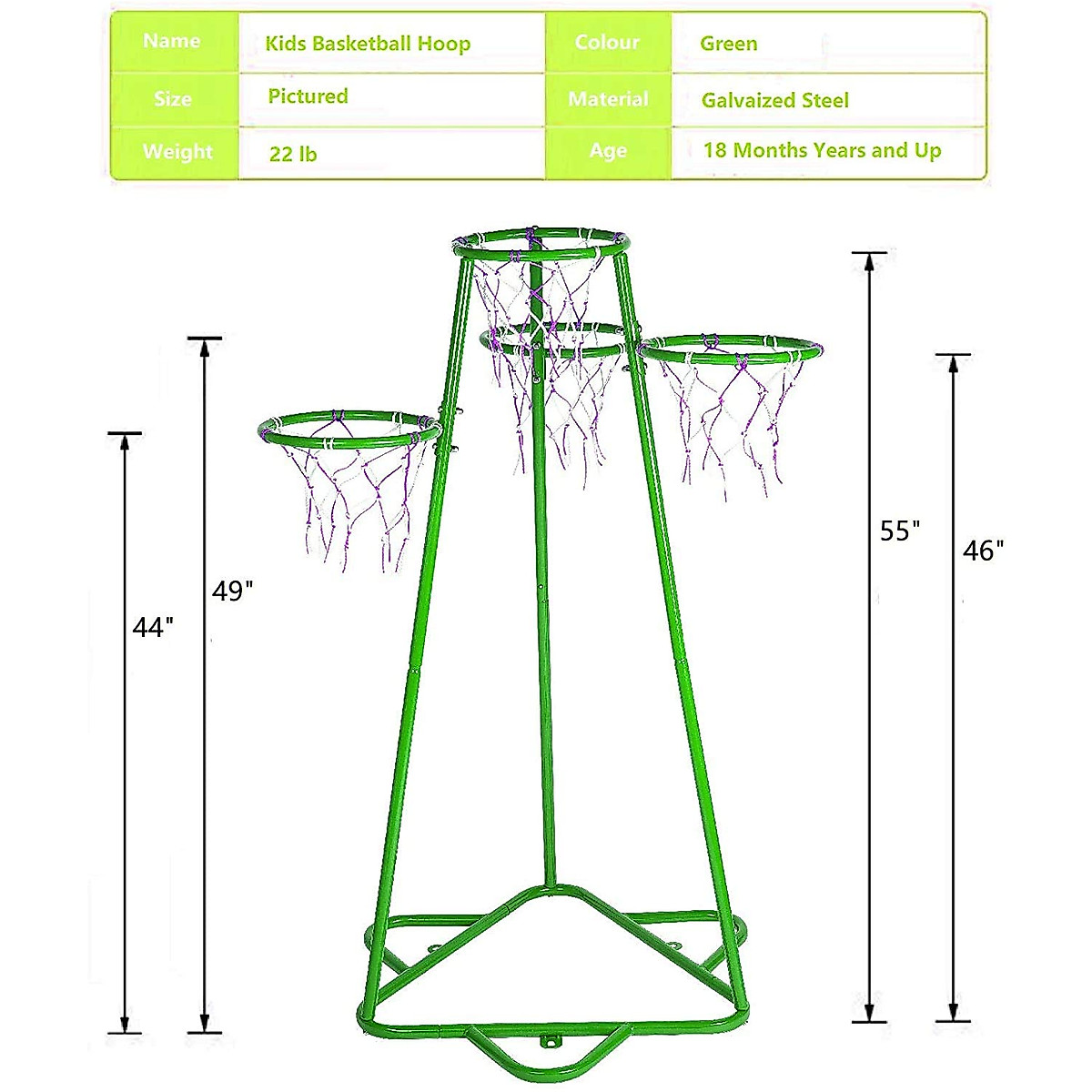 TERMATION Kids Basketball Hoop Portable Basketball Stand with 4 Hoops at Varying Heights and 3 Balls Toy Set for Age 3 Years and Up for Toddlers Indoor and Outdoor Sport Games (Green)