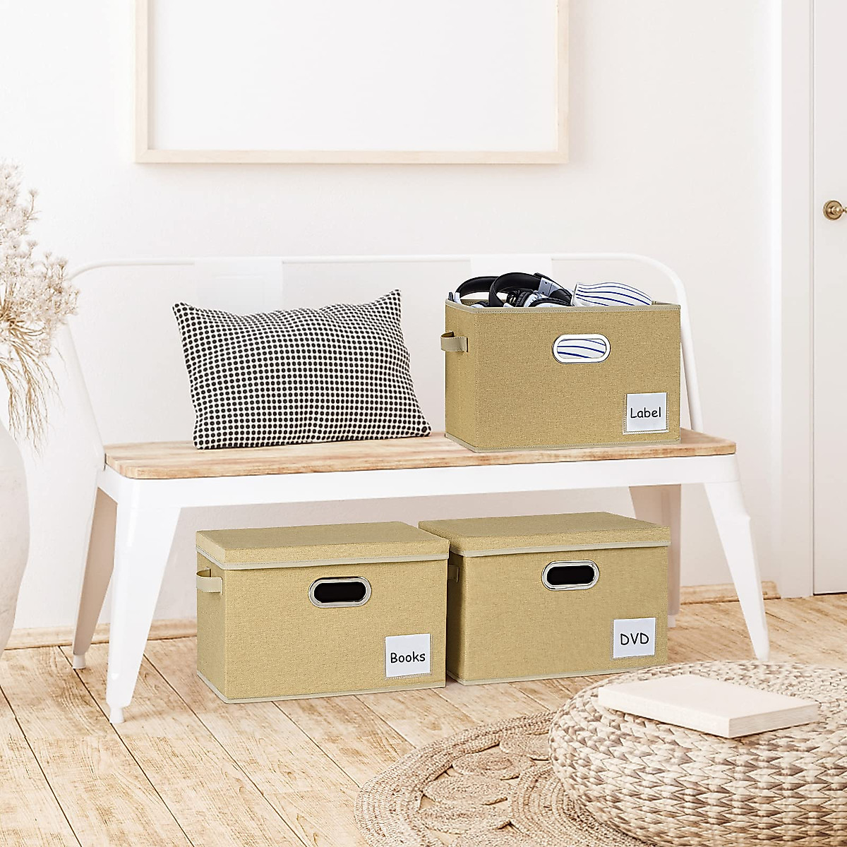 LHZK Large Storage Bins with Lids 6 Pack, Foldable Linen Fabric Storage Boxes with Lids, Sturdy Fabric Storage Bins with Label & 3 Handles for Shelves Bedroom Home Office (Beige, Large)