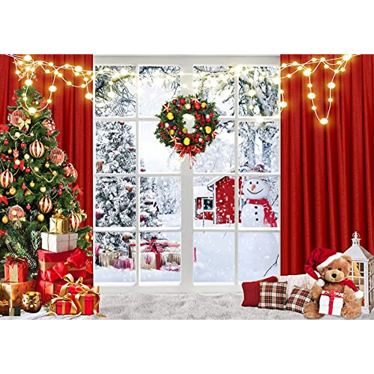 LTLYH Red Christmas Backdrop 8x6ft Winter Snow Window Christmas Photo Decorations Backdrop Christmas Party Banner Photoshoot Backdrops Xmas Photo Booth Props Background