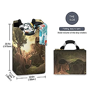 One Bear 3D Dinosaur Tree Laundry Hamper Large Dirty Foldable Clothes Bags Waterproof Durable Oxford Round Collapsible Storage Basket with Handles for Home Bathroom Bedroom