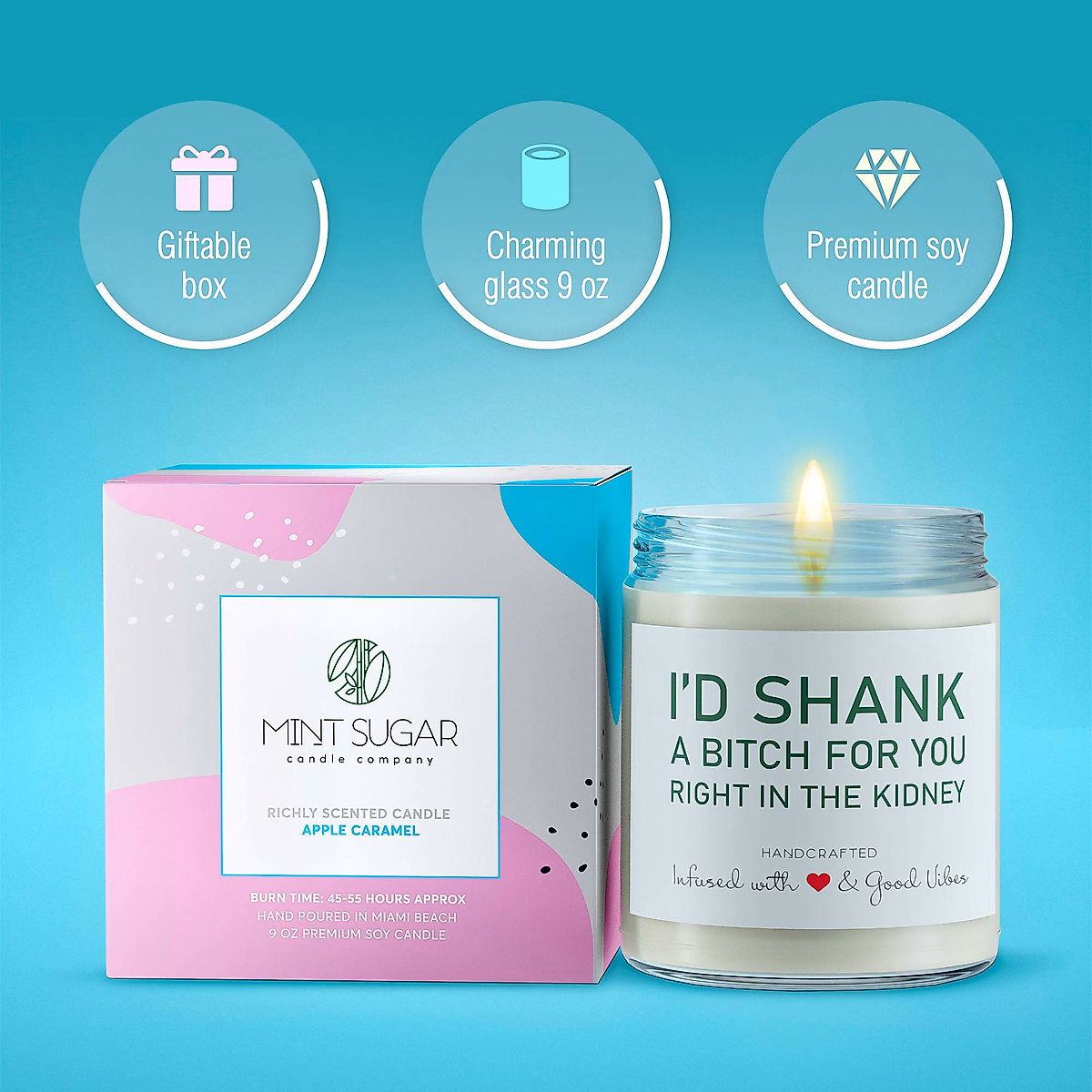 Friend Gifts for Women- Mint Sugar Soy Wax Funny Candles for Birthday Gifts for Friends Female- Hand Poured in The USA - 9 oz - Apple Caramel Scent, Cotton Wick, Cute Christmas Friendship Gifts Ideas