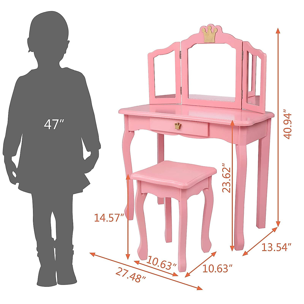 VALUE BOX Kids Vanity Table and Chair Set, 2 in 1 Princess Makeup Dressing Table with Drawer & Tri-Folding Mirror, Child Pretend Beauty Play Vanity Set for Girls