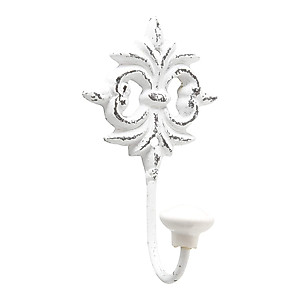 WHW Whole House Worlds Chateaux Fleur De Lis Wall Hooks, Set of 4, Shabby Distressed Finish, French Country Style,Rustic White, Cast Iron, Vintage Inspired, Porcelain Caps, Each 6 3/4