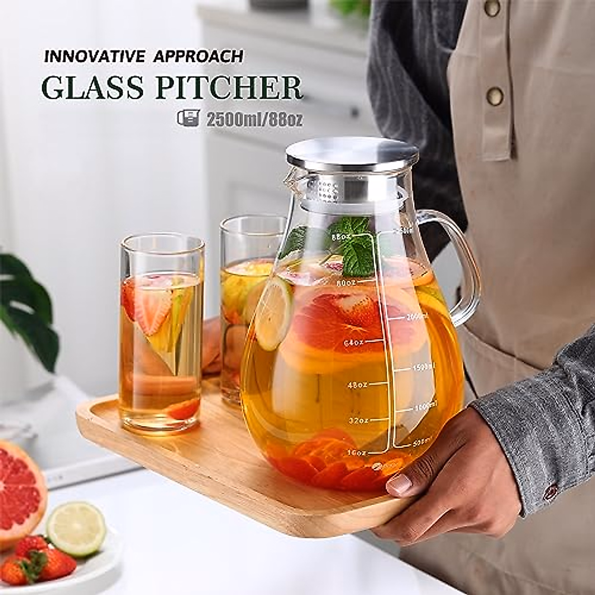 JKFHV Glass Pitcher,88oz Water Pitcher Set with Lid and Drink Glasses of 2,Large Glass Iced Tea Pitcher Easy Clean Heat Resistant Borosilicate Glass Jug for Juice,Milk,Cold or Hot Beverages