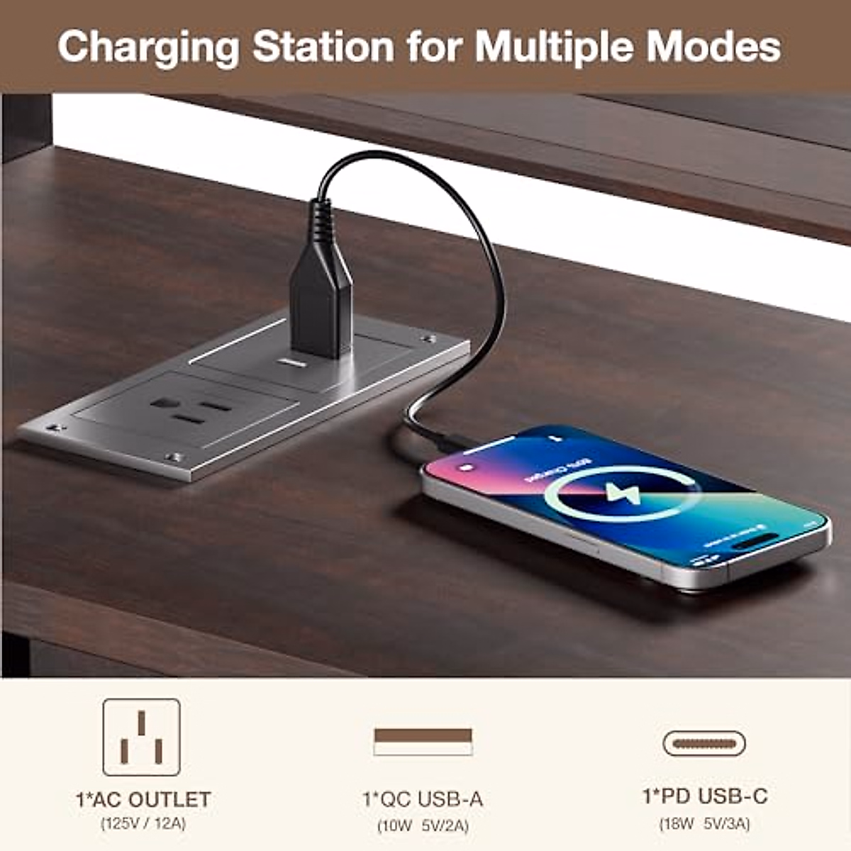 HIFYOBRO End Table with Fast Charging Station, Side Table on Wheels, Storage End Table with Electric Fireplace, Suitable for Living Room Bedroom (Espresso)