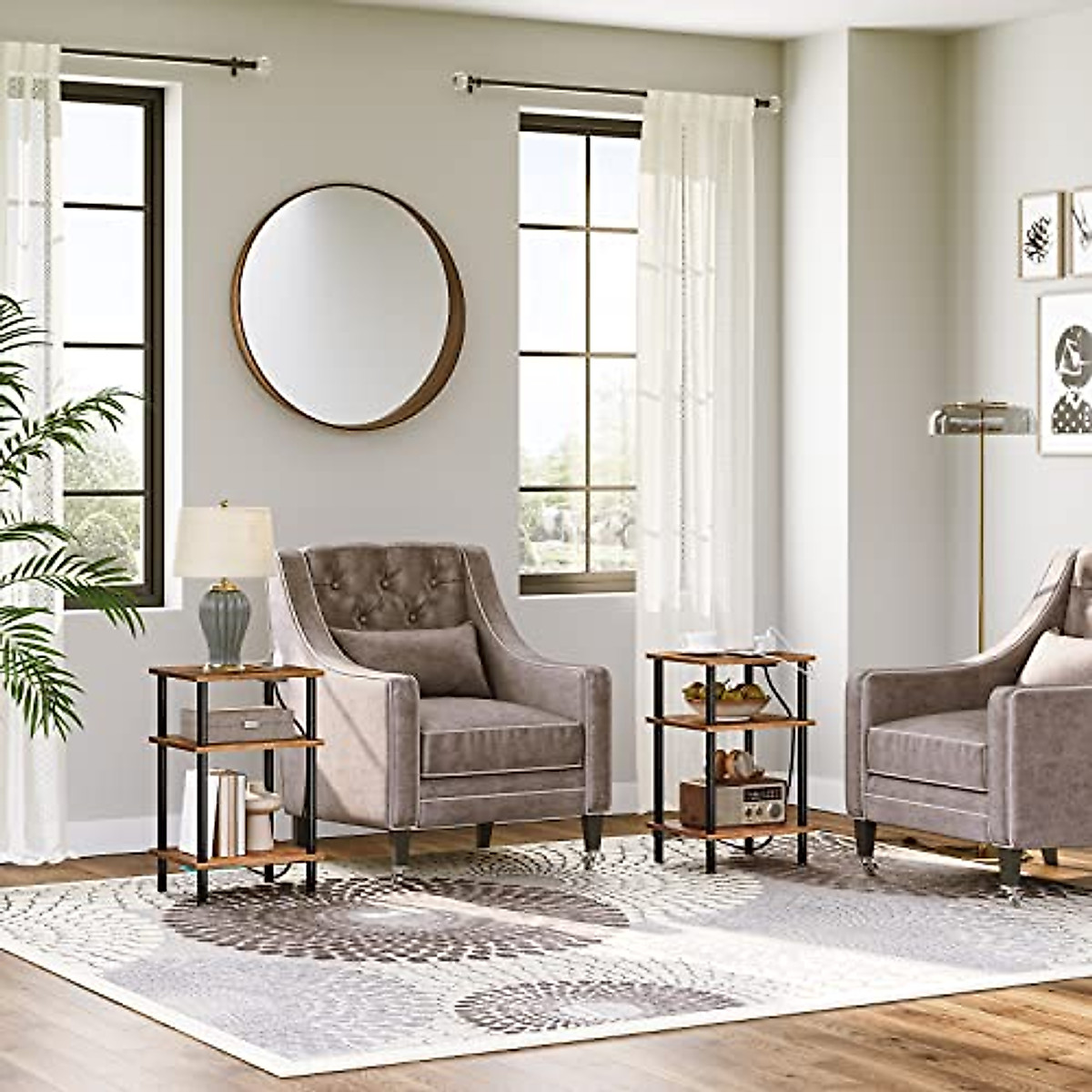 HOOBRO Set of 2 Side Tables with Charging Station and USB Ports, 3-Layer Stackable Nightstand, 23.2 Inches End Table for Small Space in Bedroom, Living Room, Industrial Style, Rustic Brown BF10UBZP201