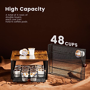 HOYRR K Cup Holder, K Cup Storage Rack, Coffee Station Coffee pods Organizer, 2-Layer Storage Drawer K Cup Holder , K Cup Holder of Wood and Iron,48 Capacity Capsule Pods Storage Organizer.