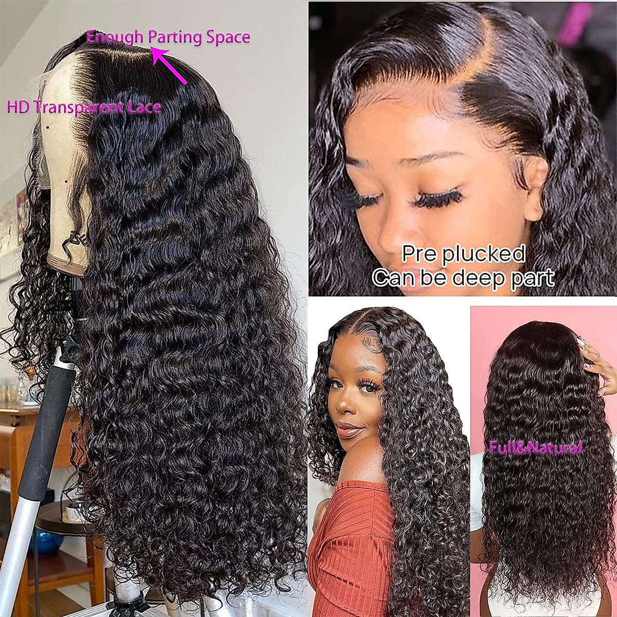 HD Lace Front Wig Human Hair Deep Wave Wigs For Black Women 180% Density 13x4 Water Curly Lace Frontal Wigs Glueless Human Hair Pre plucked with Baby Hair Brazilian Wet n Wavy Lace Closure Wig 28inch