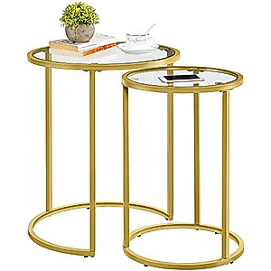 Yaheetech Round Nesting Side Table Stacking Coffee Table, Set of 2 Circular Modern End Tables w/Metal Frame & Tempered Glass Top & Protective Foot Pads for Small Space Living Room Bedroom Office