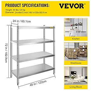 VBENLEM Stainless Steel Shelving 46.8x18.5 Inch 4 Tier Adjustable Shelf Storage Unit Stainless Steel Heavy Duty Shelving for Kitchen Commercial Office Garage Storage 330lb Per Shelf