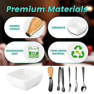 Charcuterie Board Accessories With 3 Oz Ceramic Dip Bowls, Wooden Handle Black Cheese Spreader Butter Knive Set Kit, Mini Tongs, Spoons, Forks,Honey Dipper, Cocktail Picks