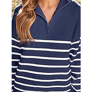 LILLUSORY Women's Quarter Zip Striped Oversized Sweater 2025 Mock Turtleneck Fall Fashion Outfit NavyBlue-White S