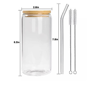 Drinking Glasses with Bamboo Lids and Glass Straw 4pcs Set - 16oz Can Shaped Glass Cups, Beer Glasses, Iced Coffee Glasses, Ideal for Cocktail, Whiskey, Gift - 2 Cleaning Brushes