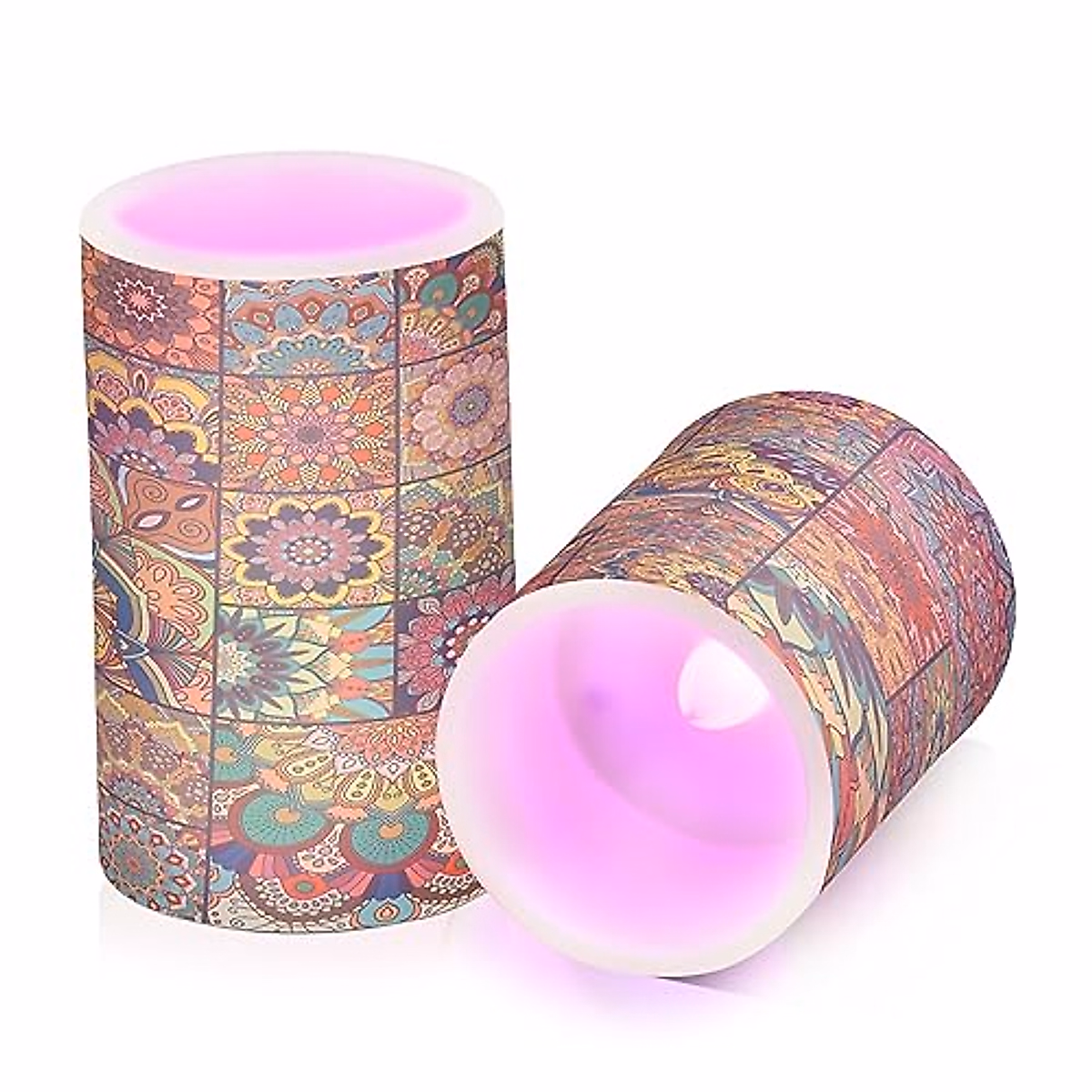 JULYTO Flameless Candles with Remote and Timer Boho Tile Abstract Patchwork Battery Operated Candles Set of 2 Beautiful Flower Flickering Pillar Led Fake Candles for Halloween Christmas Wedding Decor
