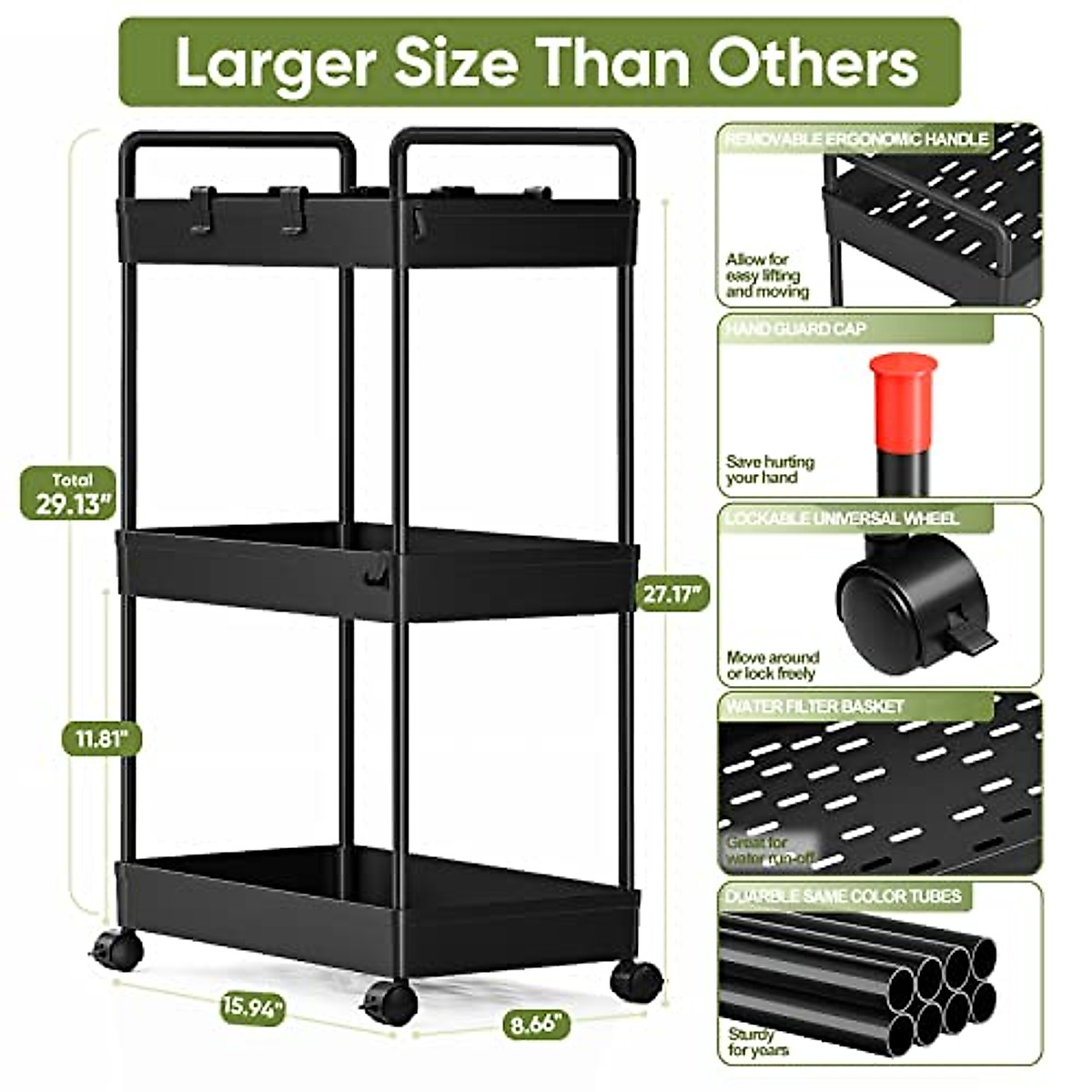 Mosxoed Slim Storage Cart Rolling Utility Cart with Wheels 3 Tier Mobile Bathroom Organizer Cart for Laundry Room Kitchen Office Narrow Space with Handle Hanging Cups Dividers, Black, 29" H