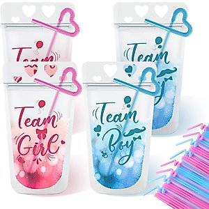 36 Pcs Gender Reveal Drink Pouch Cups with Straws Plastic Stand up Drink Pouch Bags Hand Held Translucent Reclosable Zipper Juice Pouches Team Boy Team Girl Gender Reveal Party, Pink and Blue, 17 oz