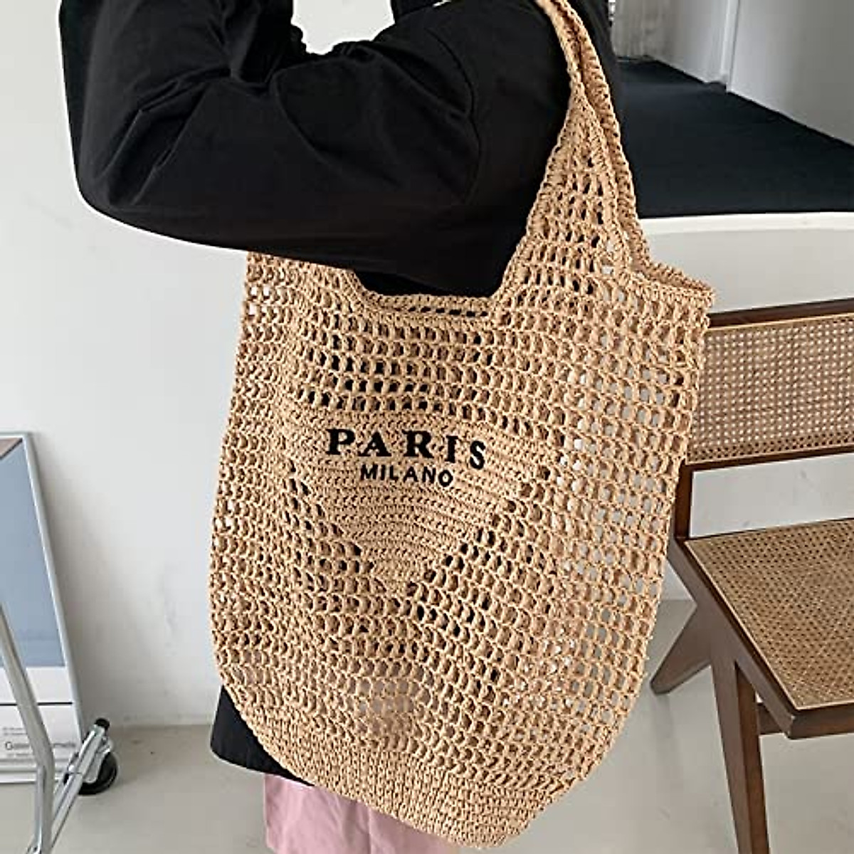 New Woven Bag, Straw Mesh Tote Bag, Beach, Shoulder Bag, Hobo Women, Foldable Large Capacity, for Holiday, Picnic and Party. (Khaki)
