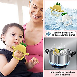 Pineapple Shape Baby Teething Toys, Never Drop Hand Wrist Teether, PAPACHOO Baby Chew Toys for Sucking Needs, Silicone Baby Mitten Teether for Soothing Teething Pain Relief, Easy to Grip (Yellow)