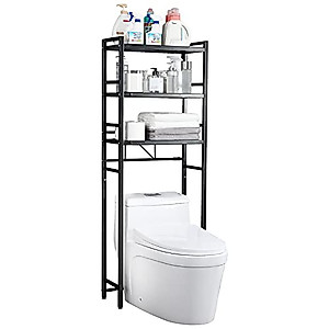 WCHOSOZH Bathroom Shelf Over Toilet, Telescopic Over The Toilet Space Saver with 6 Hooks, 3 Tier Freestanding Bathroom Organizer Storage Rack (Black)