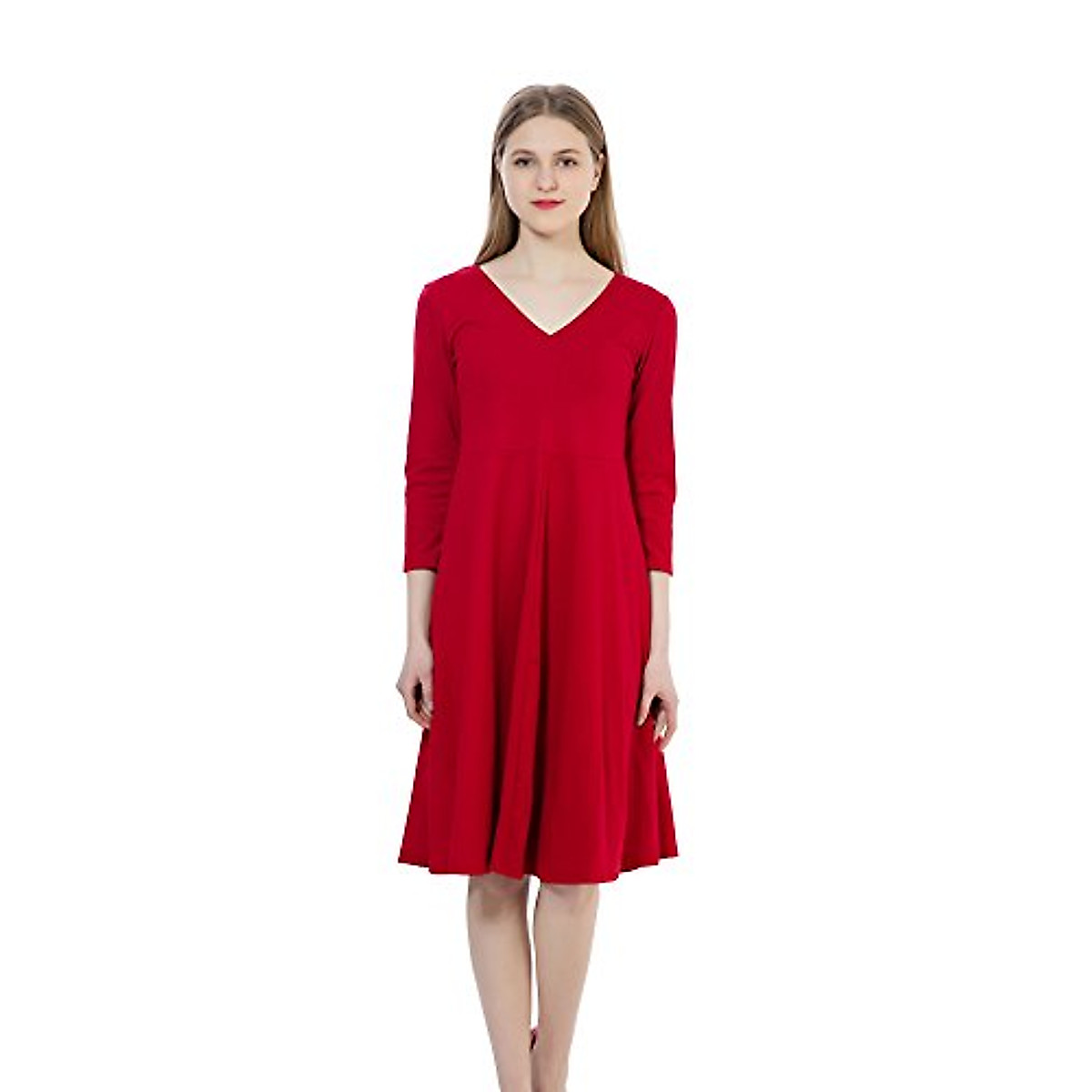 DANTIYA Women's 3/4 Sleeve Work Office Business V-Neck A-Line Knee Long Sheath Midi Dress Red