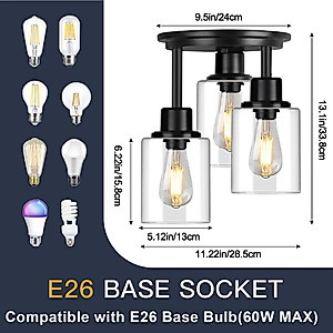 ROTTOGOON Semi Flush Mount Ceiling Light, 3-Light Close to Ceiling Light Fixtures, Matte Black Kitchen Light Fixtures with Clear Glass Shades, Hallway Light Fixtures Ceiling Mount for Foyer Entryway