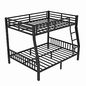 ATY Metal Full XL Over Queen Bunk Bed with Ladder and Guardrail, Sturdy Bedframe w/Slat Support, for Kids's Bedroom, Dorm, No Spring Need Required, 82.7"x 70"x 65.6" (L x W x H), Black