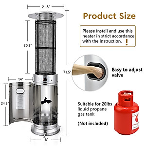 COSTWAY Outdoor Propane Patio Heater, 40,000 BTU Propane Heater with Dancing Flame, Portable Wheels, Stainless Steel Pyramid Floor-Standing Outdoor Heater for Balcony Backyard Garden, Silver