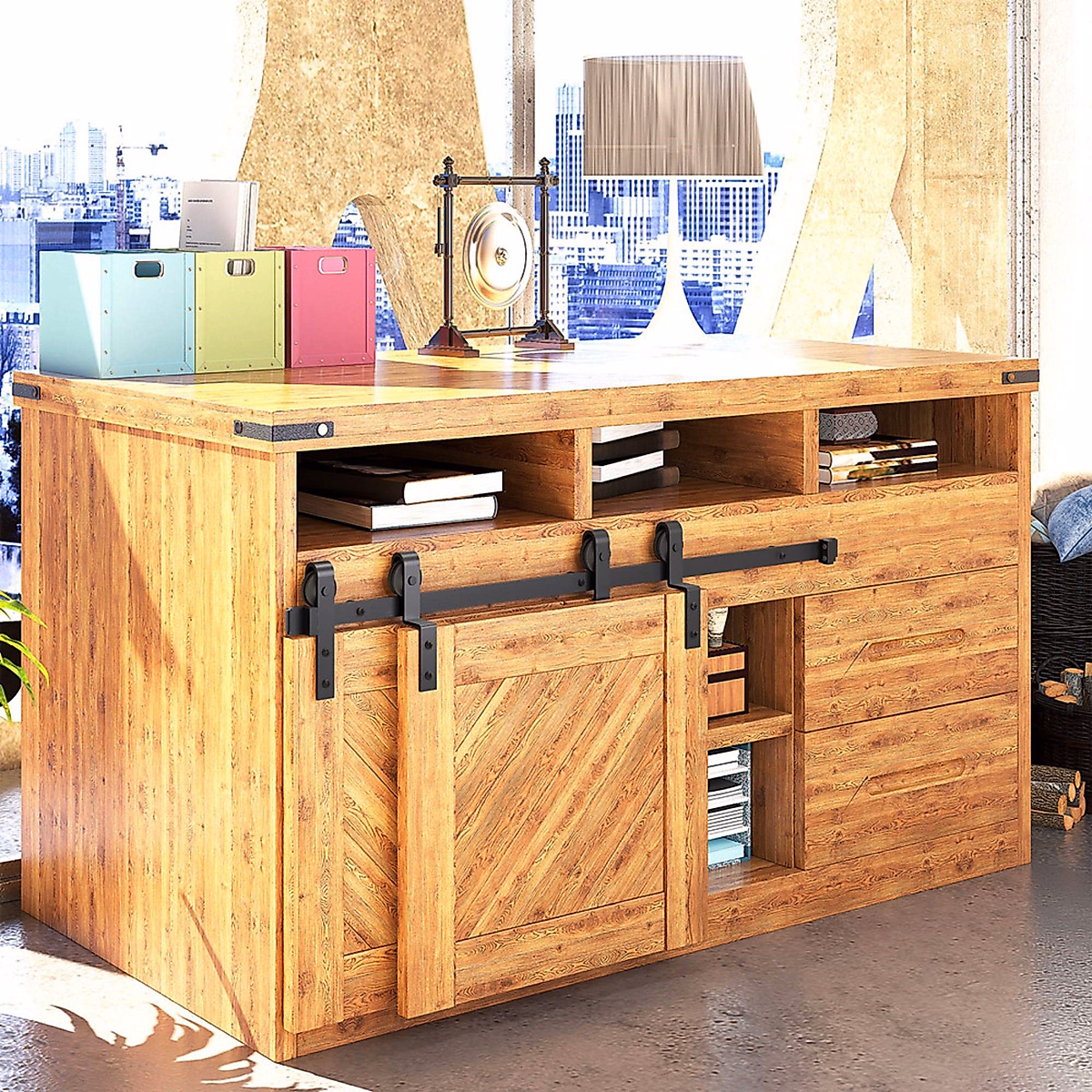 Homacer Mini Black Rustic Single Track Bypass Sliding Barn Door Hardware Kit, for Four Doors, 60-inch Long Flat Track, Classic Design Roller (Two Flat +Two Bent), Cabinet TV Stand Use