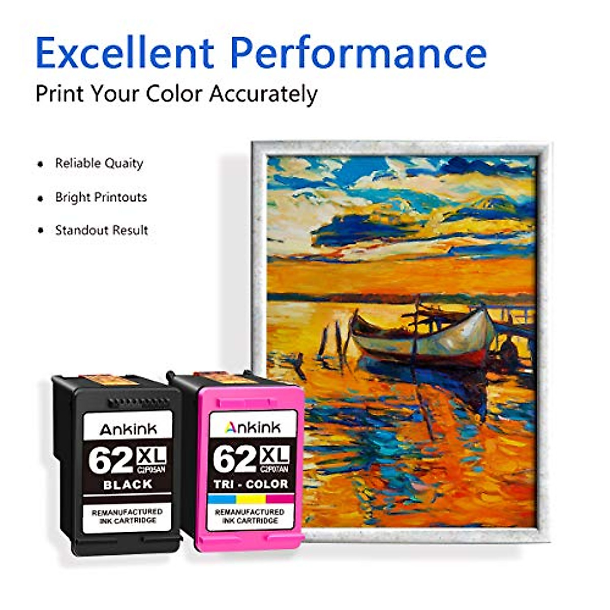 Ankink Higher Yield HP 62XL Ink Cartridge Replacement for 62 HP62XL hp62 XL Envy 5540 5640 5660 7640 7644 7645 OfficeJet 200 250 5740 5745 8040 Printer 3 Black 1 Color (Tricolor) Combo 4 Pack c2p07an