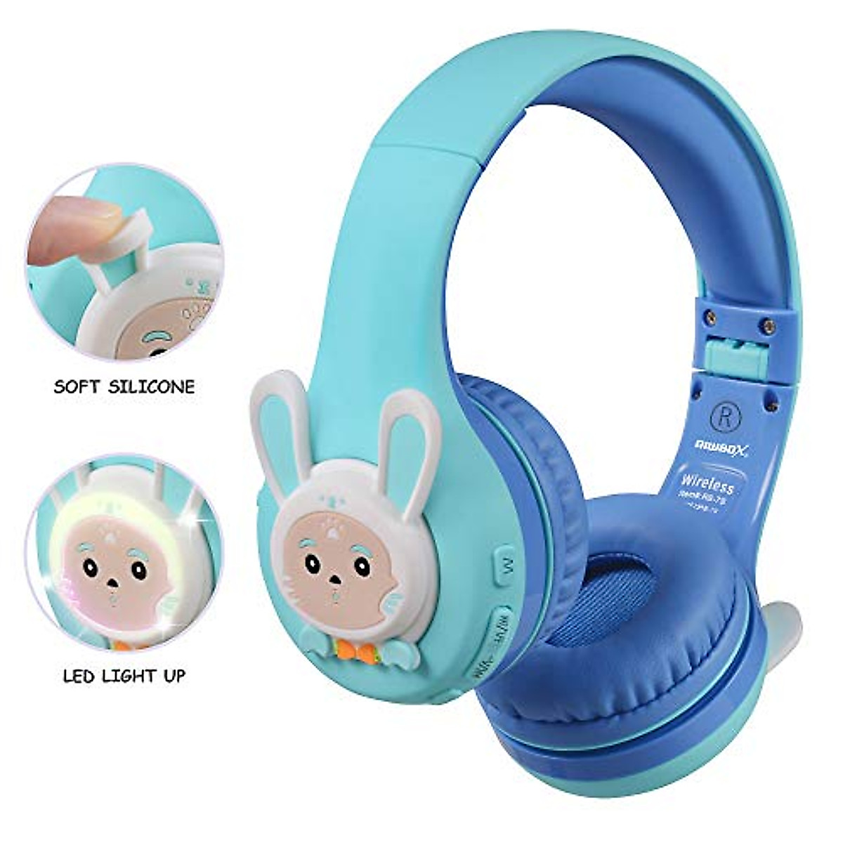 Riwbox RB-7S Rabbit Kids Headphones Wireless, LED Light Up Bluetooth Over Ear Headset Volume Limited Safe 75dB/85dB/95dB with Mic and TF-Card, Children Headphones for Girls Boys (Blue&Green)