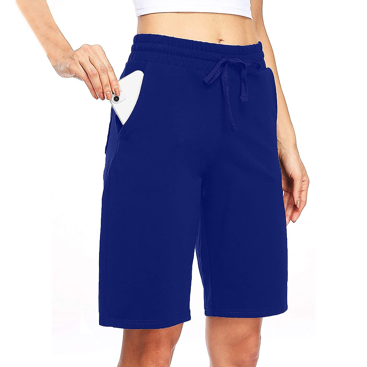 Bravetoshop Women's Athletic Shorts Workout Yoga Shorts Casual Summer Elastic Waist Knee Length Shorts with Pockets (Dark Blue,XXL)