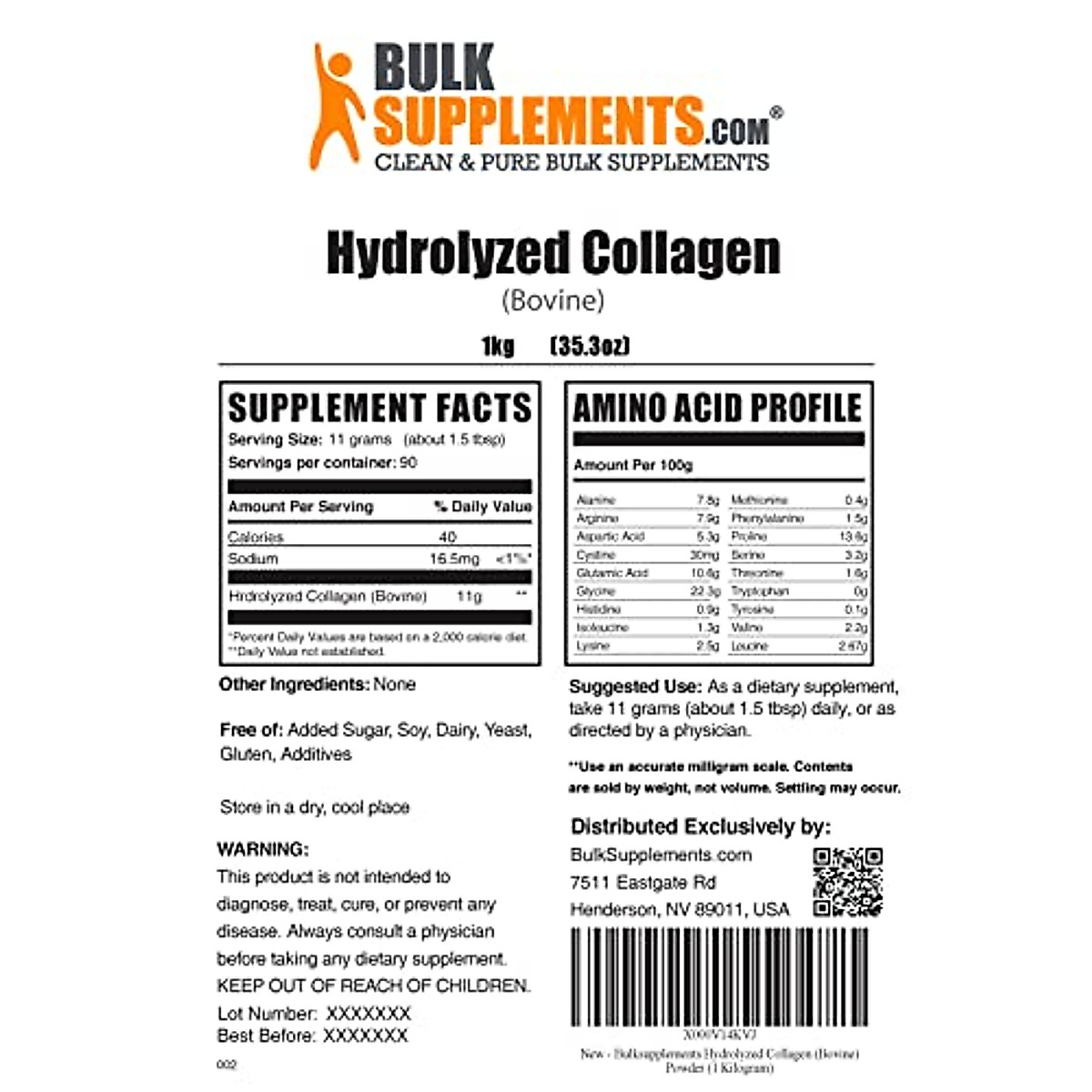 BULKSUPPLEMENTS.COM Collagen Peptides Powder - Hydrolyzed Collagen Powder, Collagen Supplement - 11g of Bovine Collagen Powder per Serving - Collagen Powder Unflavored (1 Kilogram - 2.2 lbs)