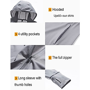 Locachy Men's UPF 50+ Sun Protection Outdoor Lightweight Full Zip Hoodie Jacket Long Sleeve Fishing Hiking Performance Shirt Light Grey M