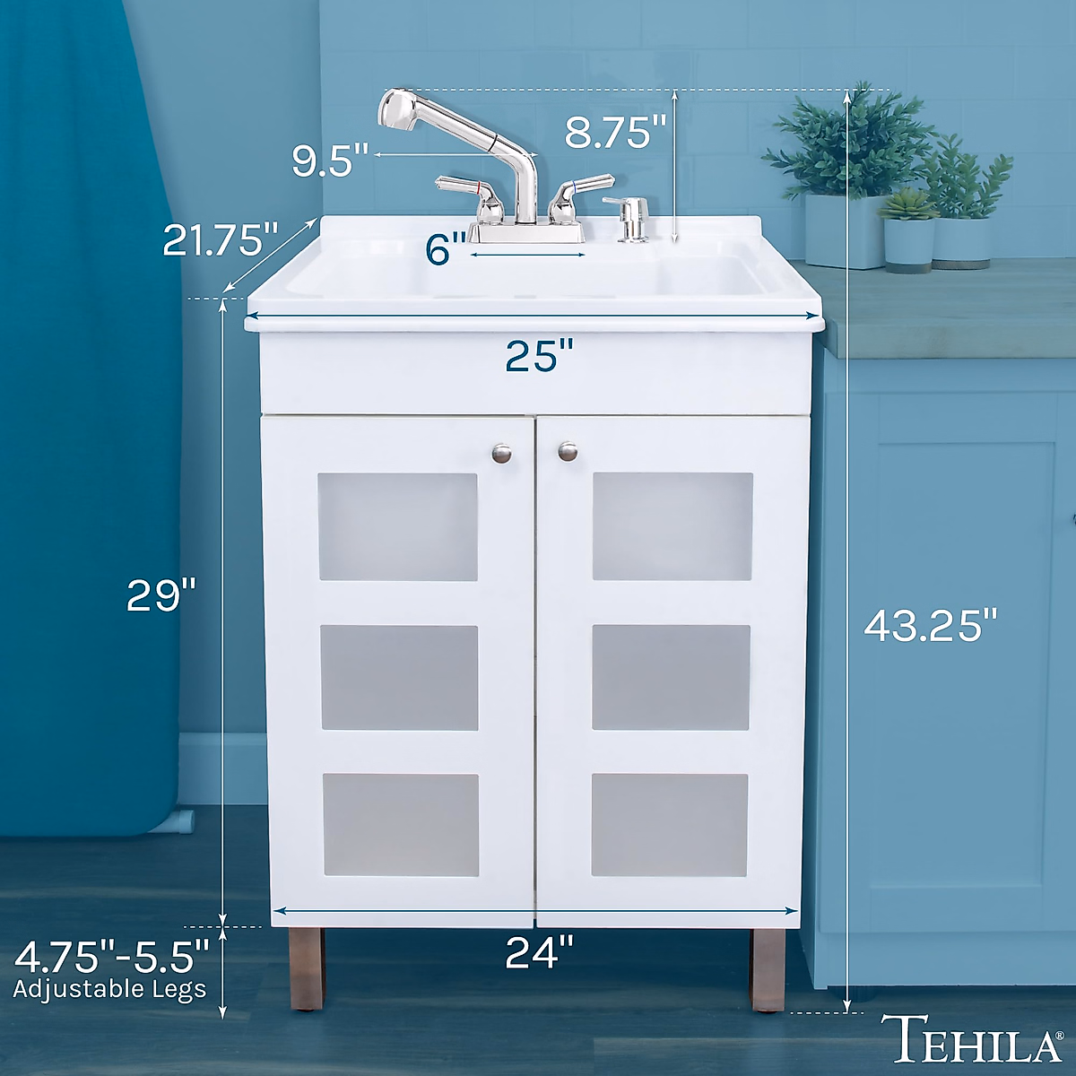 JS Jackson Supplies Utility Sink with White Vanity Cabinet, Chrome Finish Pull-Out Sprayer Faucet, Soap Dispenser and Spacious Vanity for Laundry Room