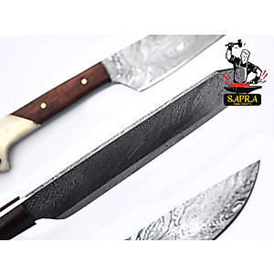 Sapra Hand Forged Damascus Steel Outdoor BBQ Professional Utility knives chef knife set for kitchen With Handmade Leather bag P-2090-RB-KCS