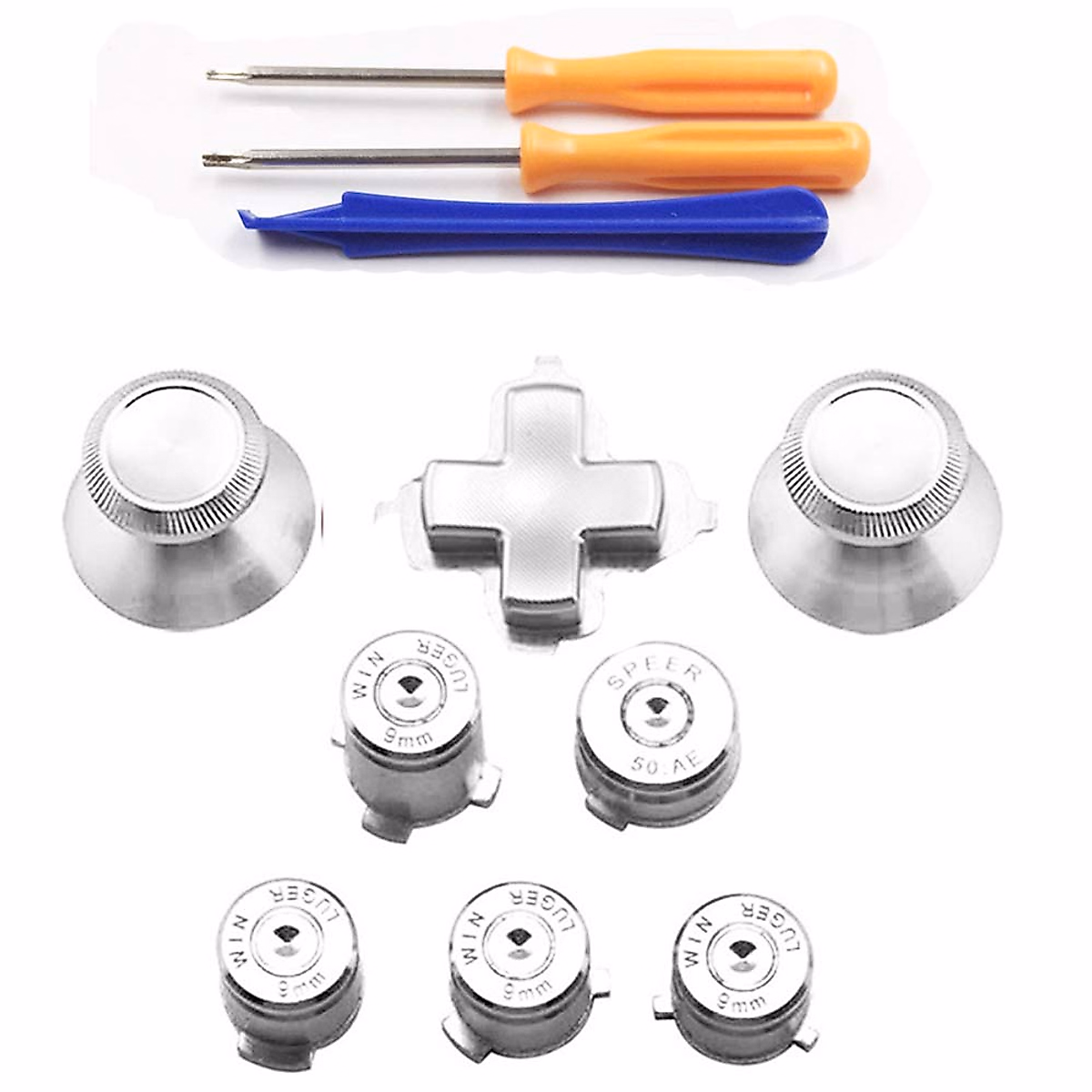 Aluminium Alloy Metal Thumbstick Joystick Cap+ Bullet Button+ D-Pad Dpad Buttons with Screwdrivers Set for Xbox one Controller (Silver)