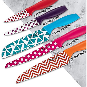 MICHELANGELO Kitchen Knife Set, 10 Piece with Nonstick Colored Coating, Sharp Stainless Steel Kitchen Knife Set, 5 Patterned Knives & 5 Sheath Covers