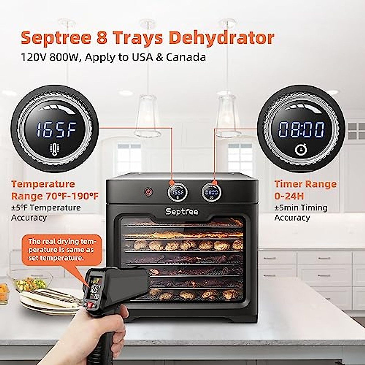 Septree 2023 Upgraded Food Dehydrator for Jerky, Large Drying Space with 8.8ft², 800W Dehydrated Dryer Machine, 8 Stainless Steel Trays, Timer Control, 190°F Temperature Control, for Herbs, Meat, Fruit, and Yogurt