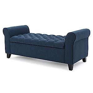 Christopher Knight Home Keiko Fabric Armed Storage Bench, Dark Blue, Dimensions: 19.75”D x 50.00”W x 20.5”H