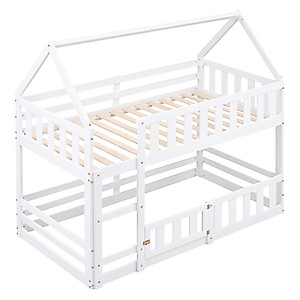 DRELOFT Twin Over Twin Floor Bunk Bed with Roof, Twin Low House Bunk Bed Frame with Ladder, Fence and Door for Kids Teens Boys Girls, Easy Assembly, White