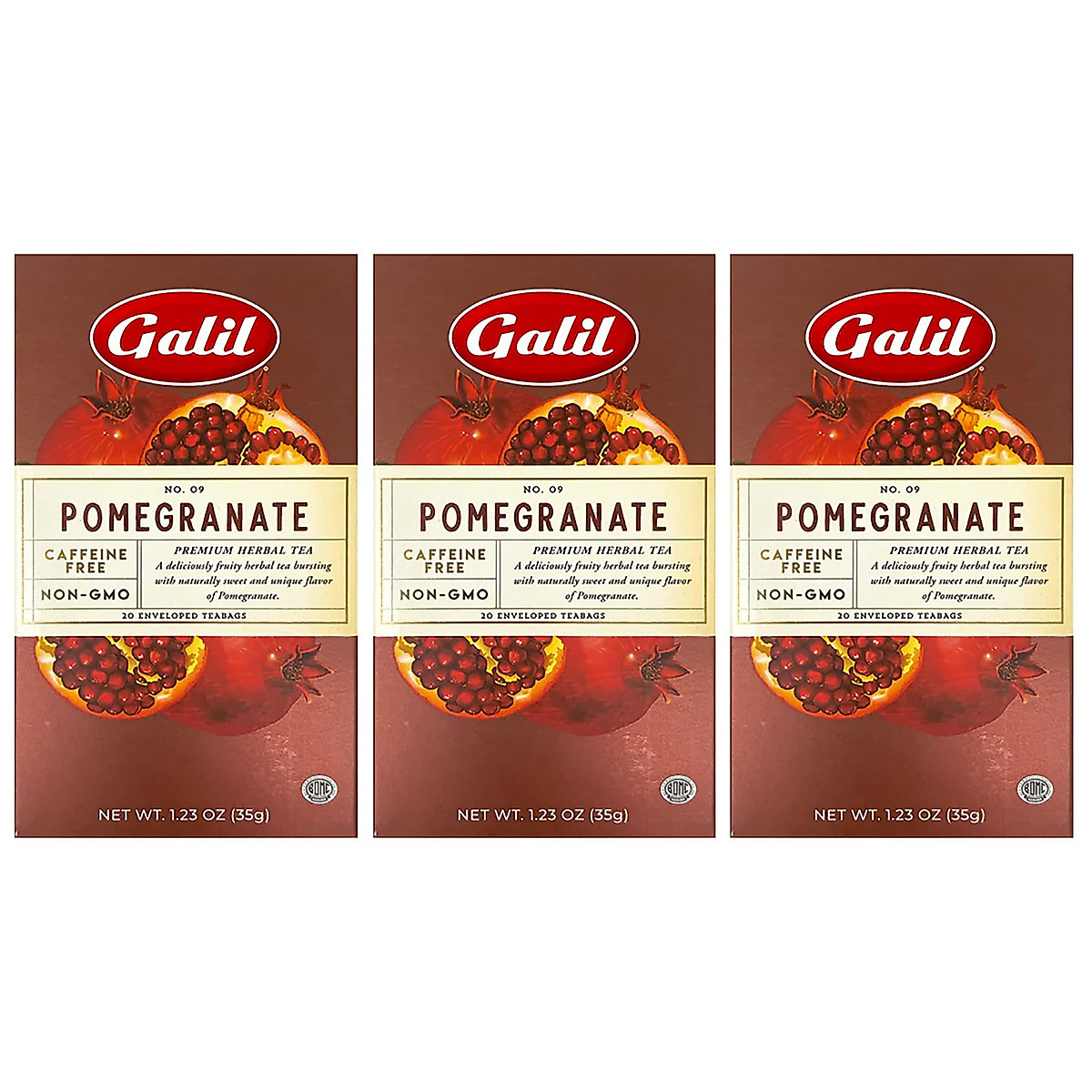 Galil Pomegranate Tea Pack of 3 – Caffeine-Free Herbal Tea, Certified Kosher Tea – Non-GMO Fruit Teabags 20 Count, 60 Tea Sachets Total (Pack of 3)