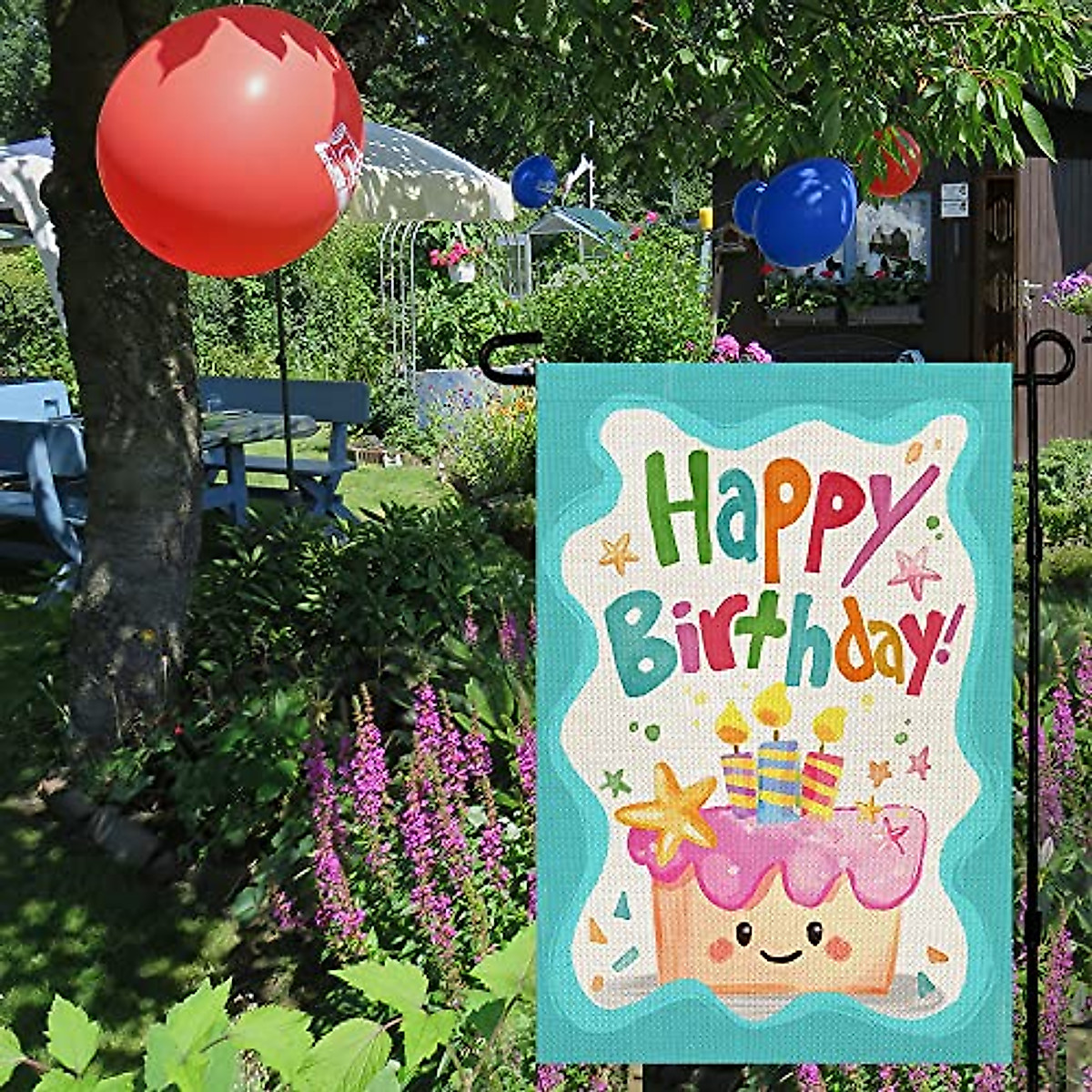 CROWNED BEAUTY Happy Birthday Garden Flag 12x18 Inch Double Sided Cake Blue Outside Welcome Party Decoration Gift Yard Flag