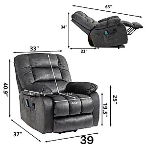 ERYE Electric Power Lift Recliner Chair Sofa for Elderly with Massage and Heat, 3 Positions Adjustable,2 Side Pockets Armchair, Charcoal Gray Microfiber Upholstery