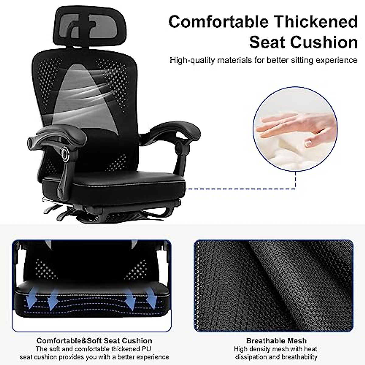 Ergonomic Office Chair, Reclining High Back Mesh Chair with Lumbar Support PU Leather Home Task Desk Chair with Headrest and Footrest Computer Executive Desk Chair with Padded Armrests,Black
