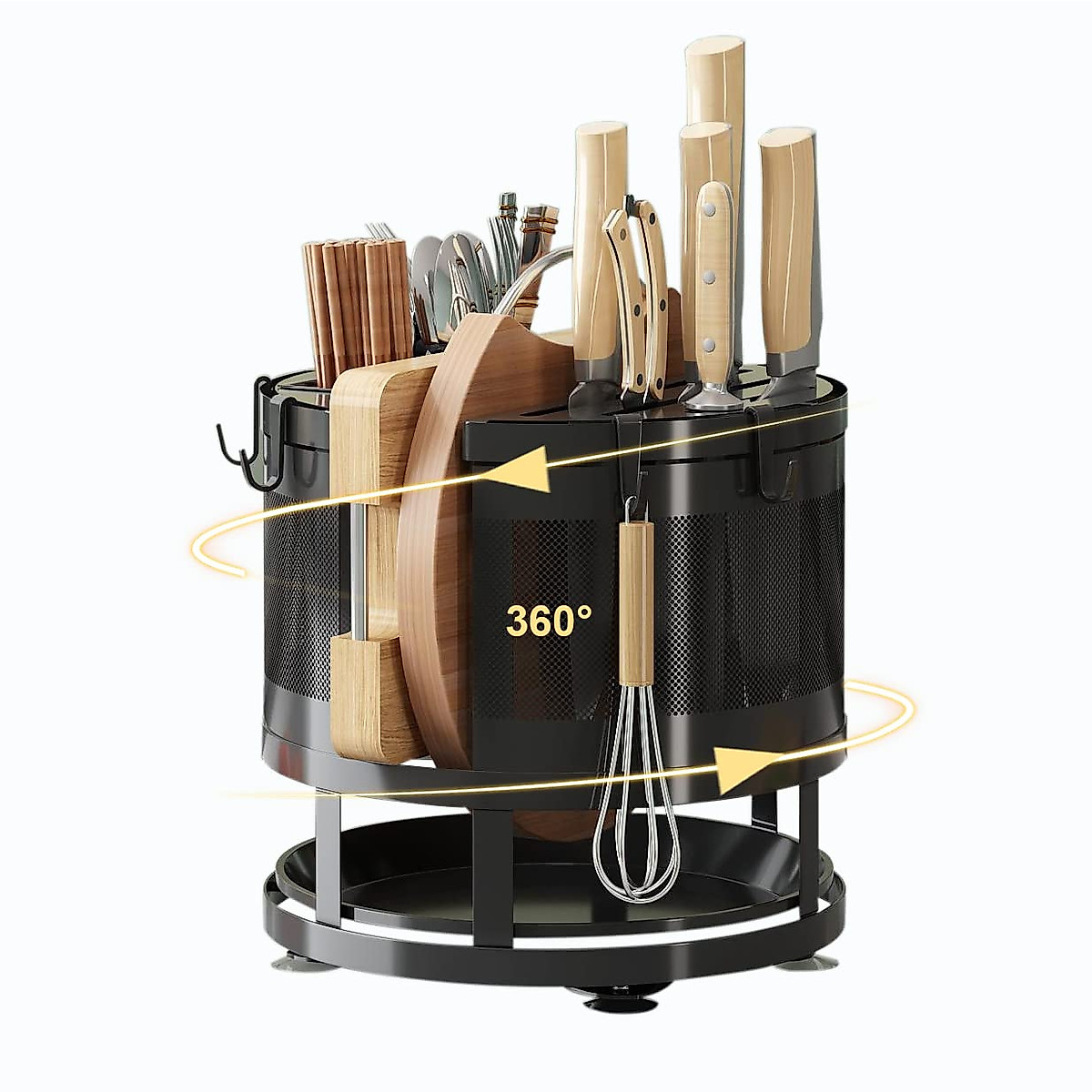 Knife Holder for Kitchen Counter, Rotating Universal Knife Block Without Knives 3 in 1 Multi-function Knife Block Set Flatware Utensil Drying Rack Cutting Board Organizer with Drain Tray and hooks