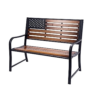 Metal American Flag Patio/Porch Bench with Wooden Slats - 46" Width, 24" Deep Seat