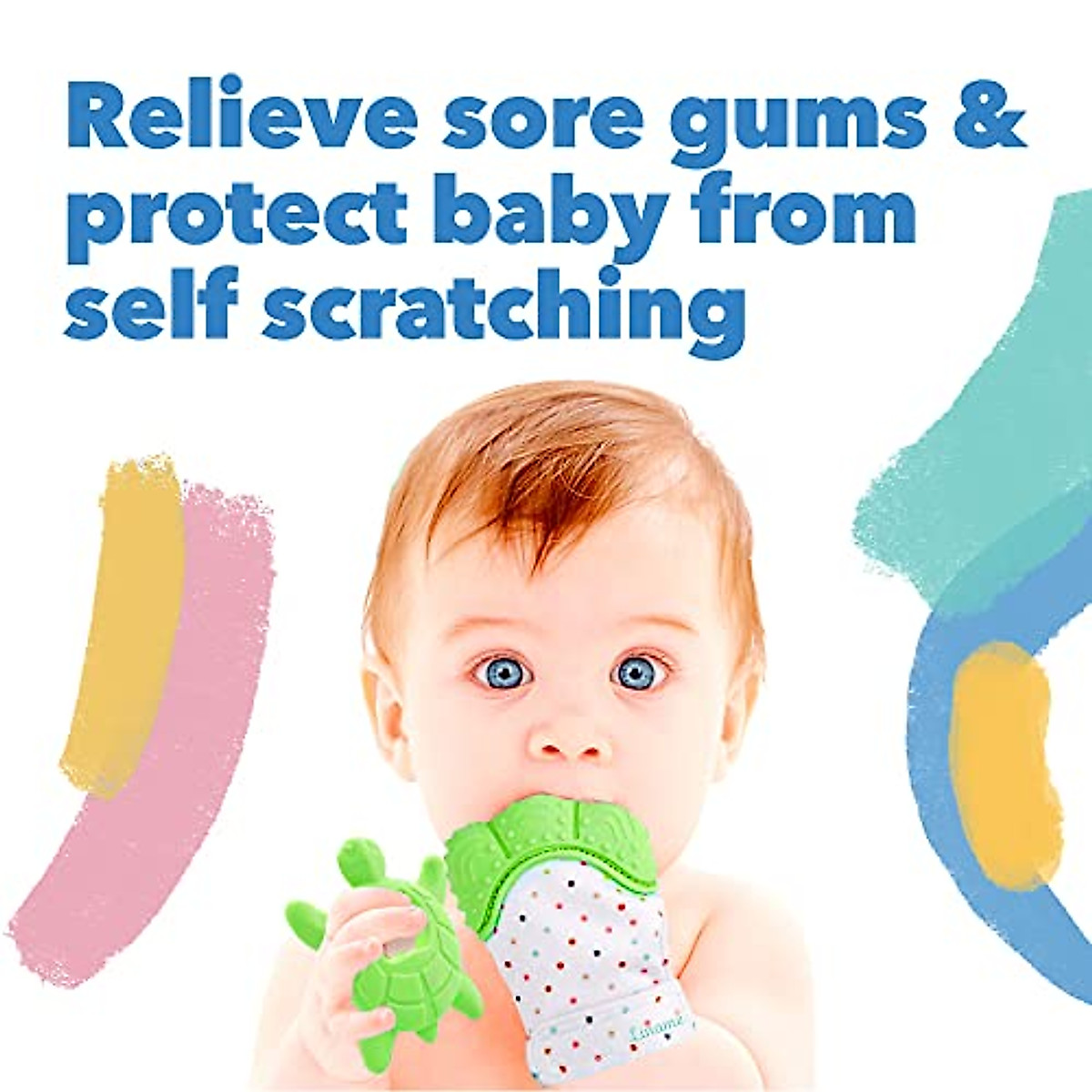 Liname 2 Pack Teething Mitten with Soothing Toy - Baby Chew Toy and Teething Glove- Infant Teething Mitten Crinkle Sound and Textured Silicone to Soothe Sore and Swollen Gums