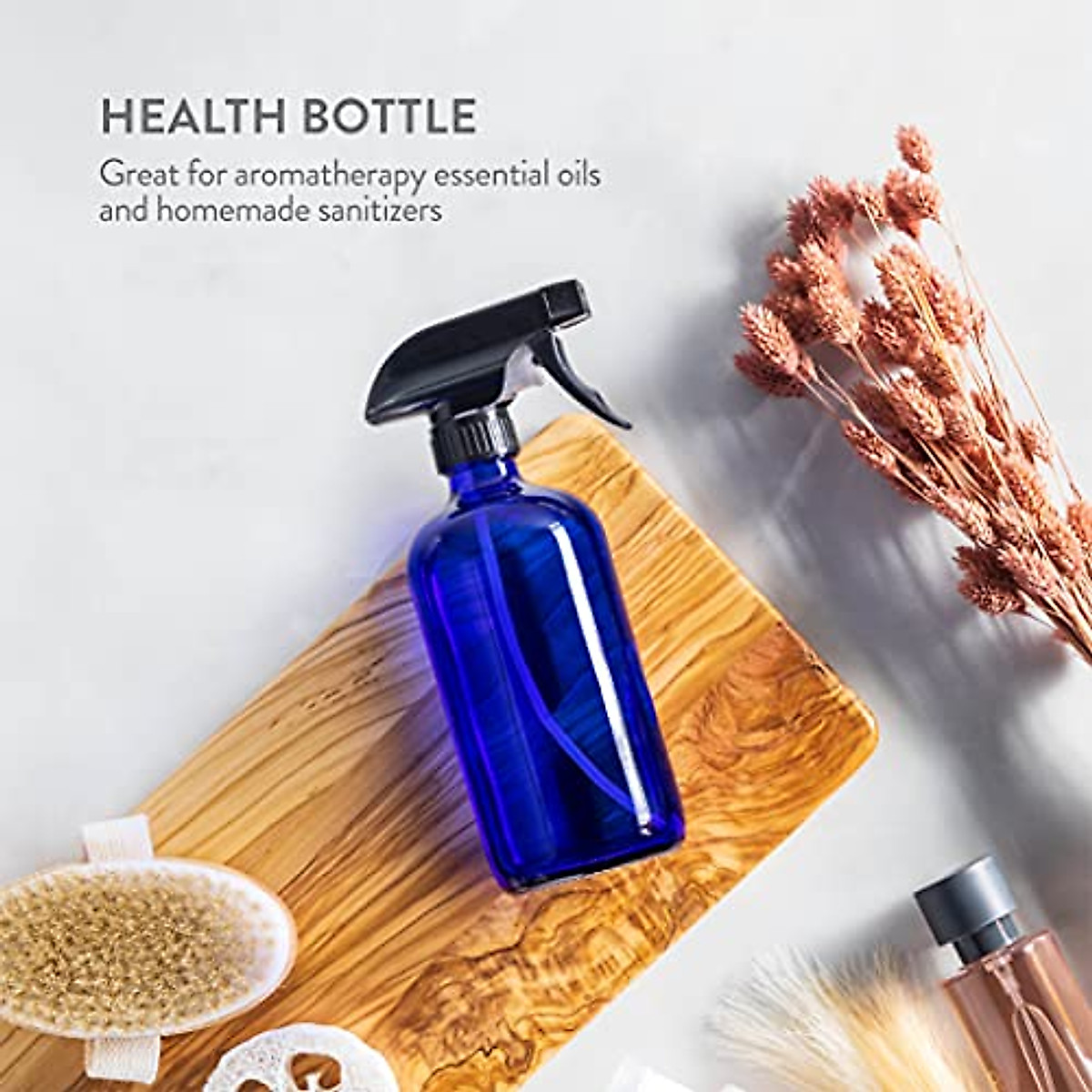 Blue Cobalt Glass Spray Bottles, 16-Ounce (2-Pack) Refillable Glass Sprayer Container with Durable Leakproof Trigger Sprayer Mist/Stream/Lock for Cleaning Products, Essential Oils, Aromatherapy, Water